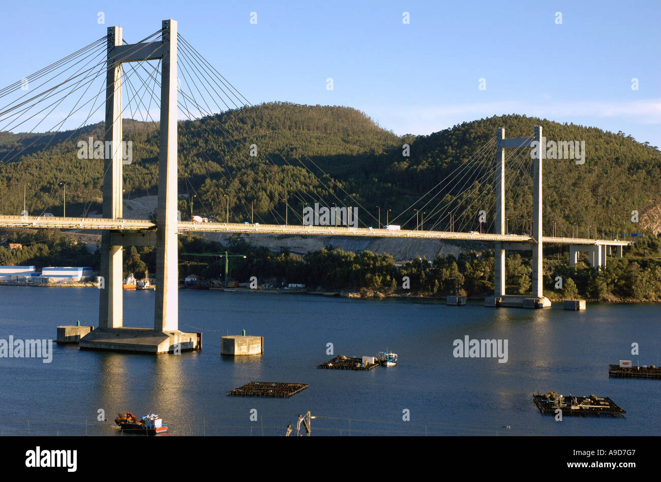 View of the modern suspended bridge in the Ria de Vigo Chapela Galicia ...