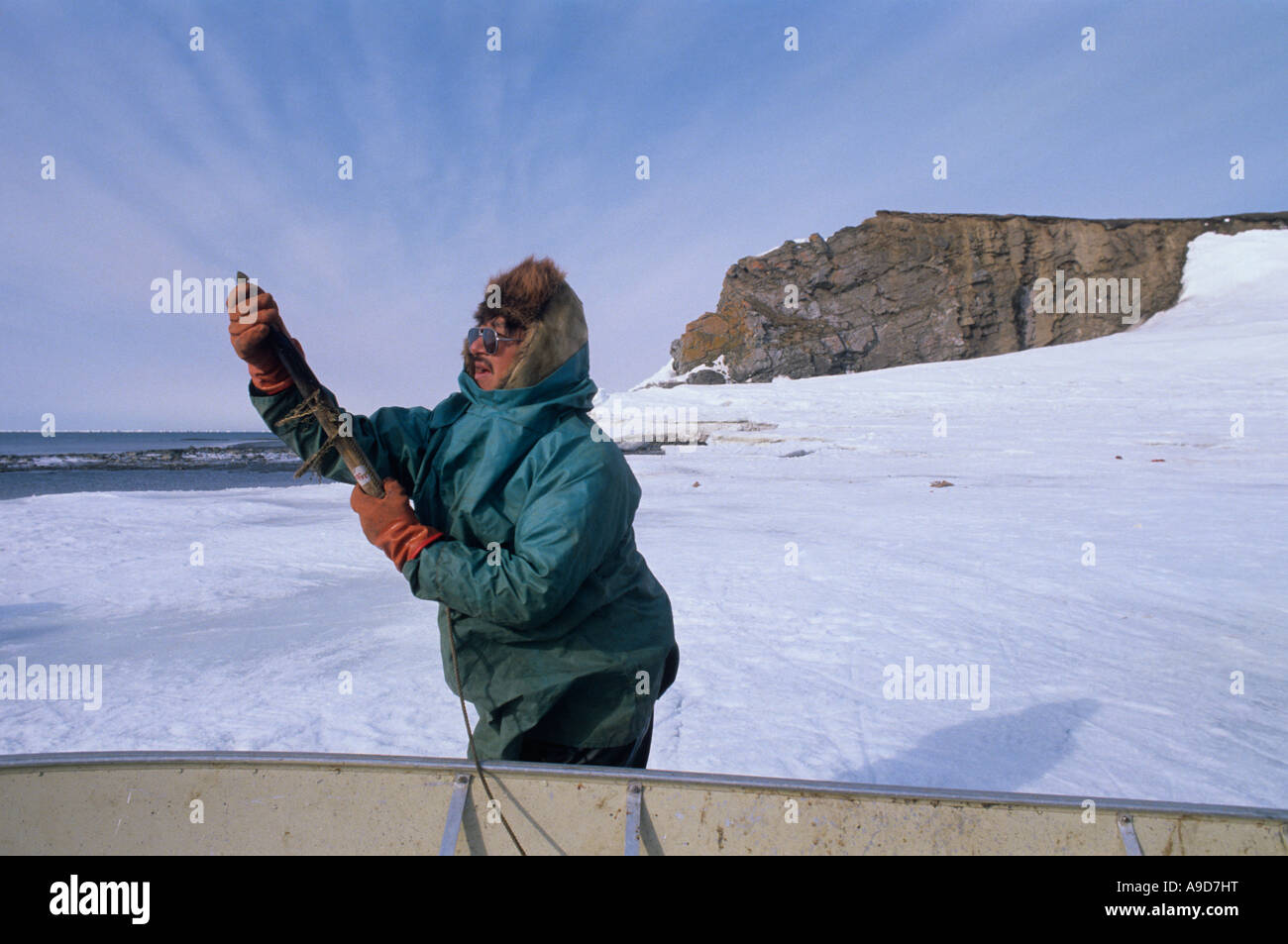 USA Alaska Yupik Eskimo Simeon John prepares harpoon on spring hunting ...