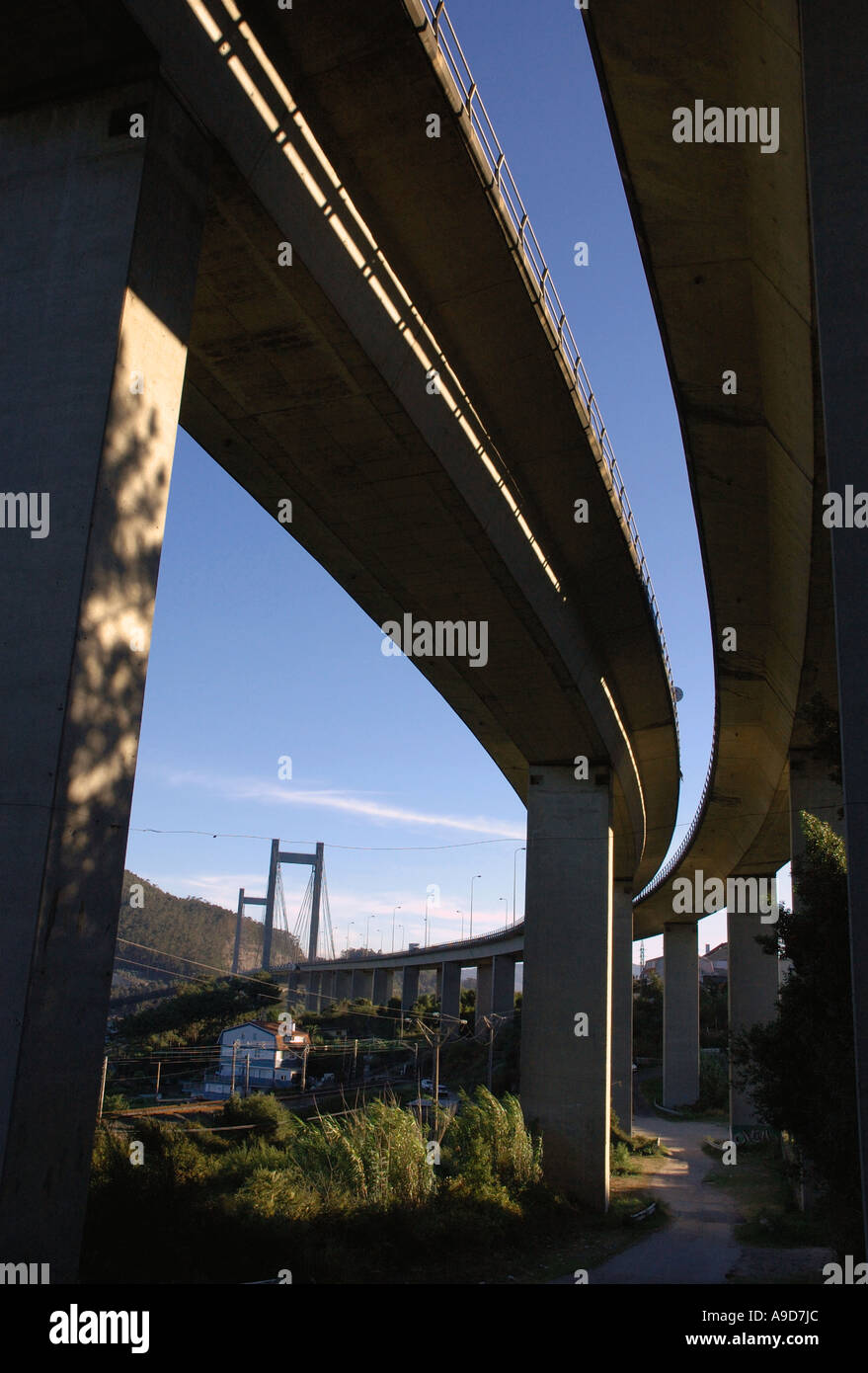 View from below of the modern suspended bridge in the Ria de Vigo ...