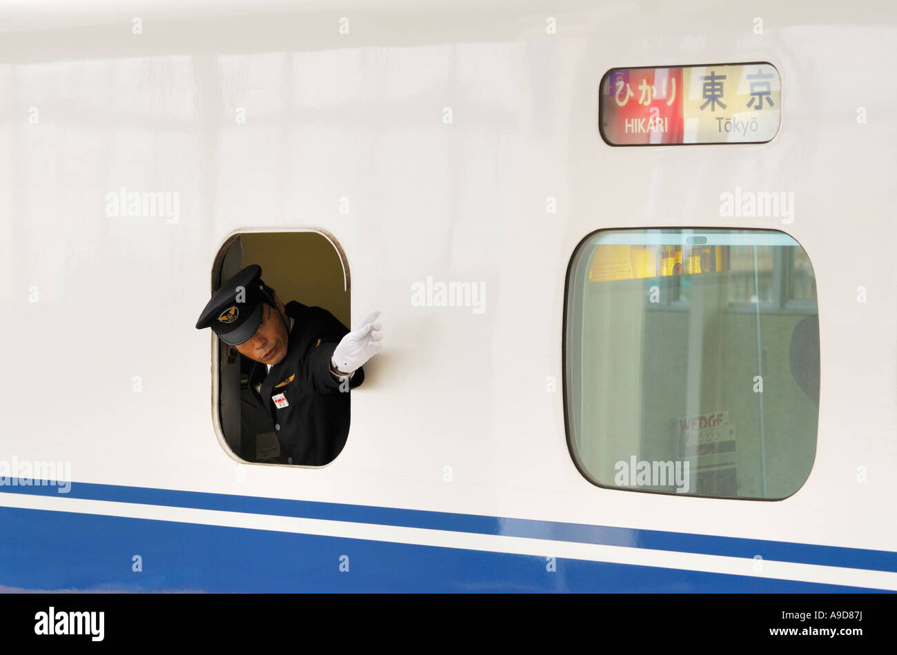 Shinkansen Series Hikari train crew checking the platform safety before ...