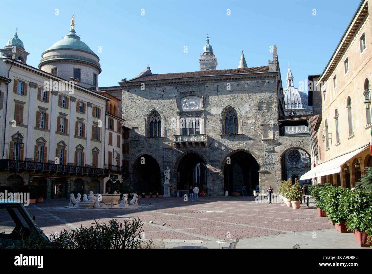 town, square, in the old, part, of, Bergamo, Italy, Italian, buildings ...