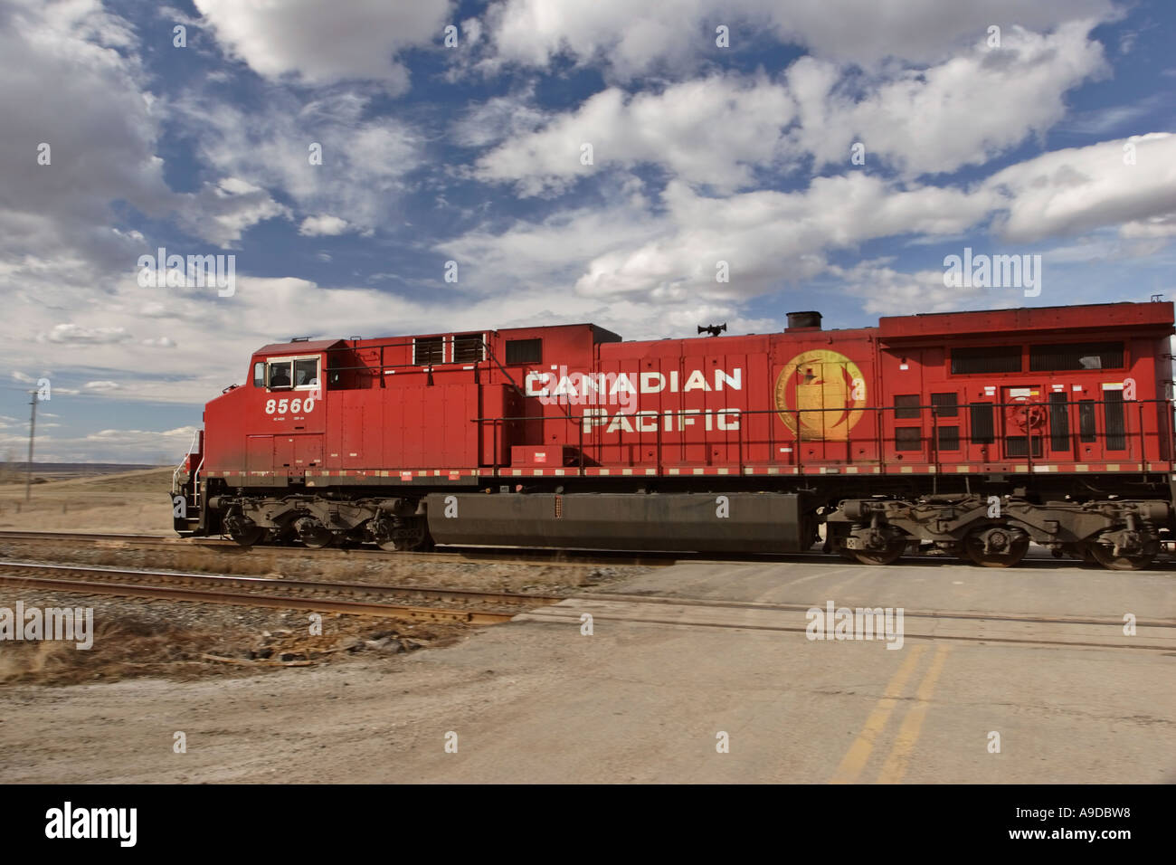 CPR Deisel engine at road crossing at Parkbeg in scenic Saskatchewan ...