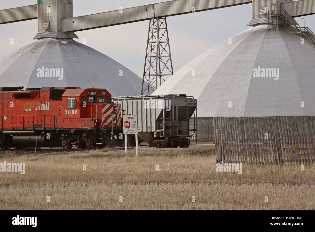 Deisel engine of CP Rail beside Mosaic Potash Mine in scenic ...