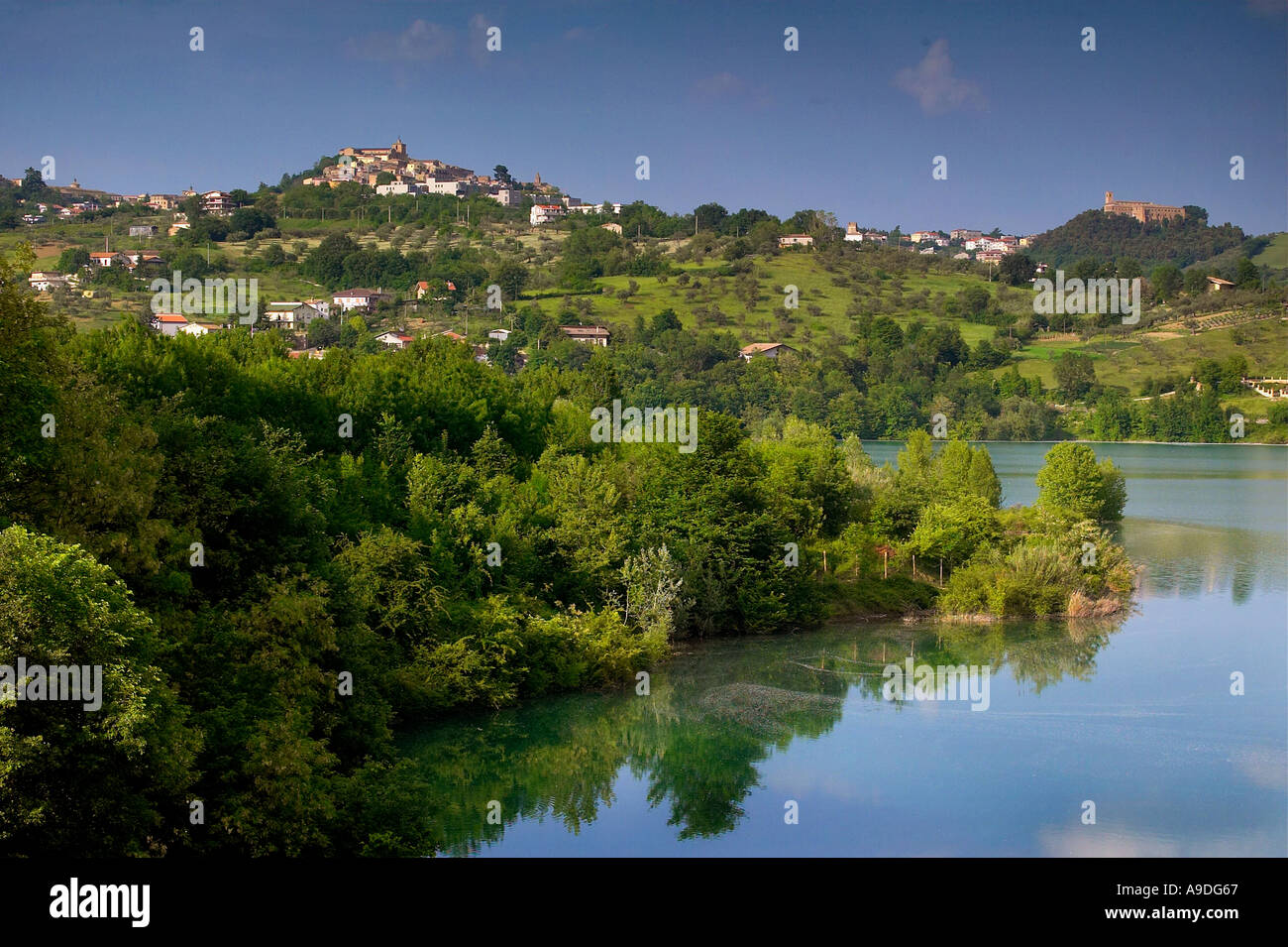 The hill town of Penne in Abruzzo Italy seen from Penne Lake WWF nature ...