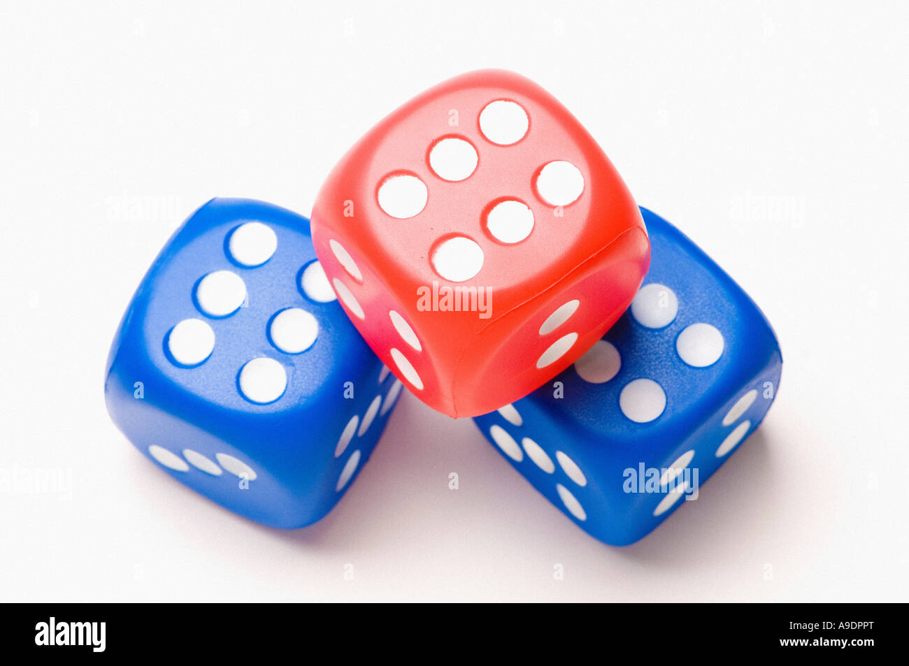 Three dice displaying triple six - two blue and one red Stock Photo - Alamy
