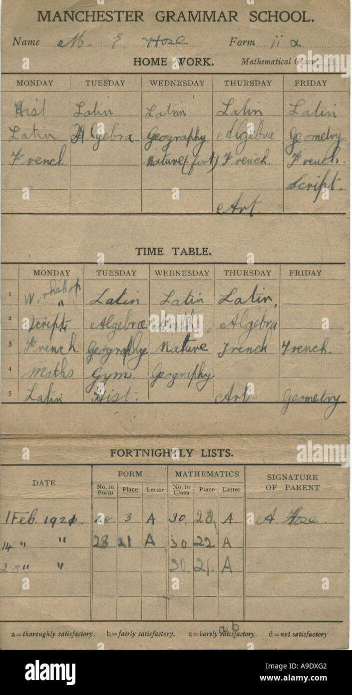 Manchester Grammar School Time Table 1921 Stock Photo - Alamy