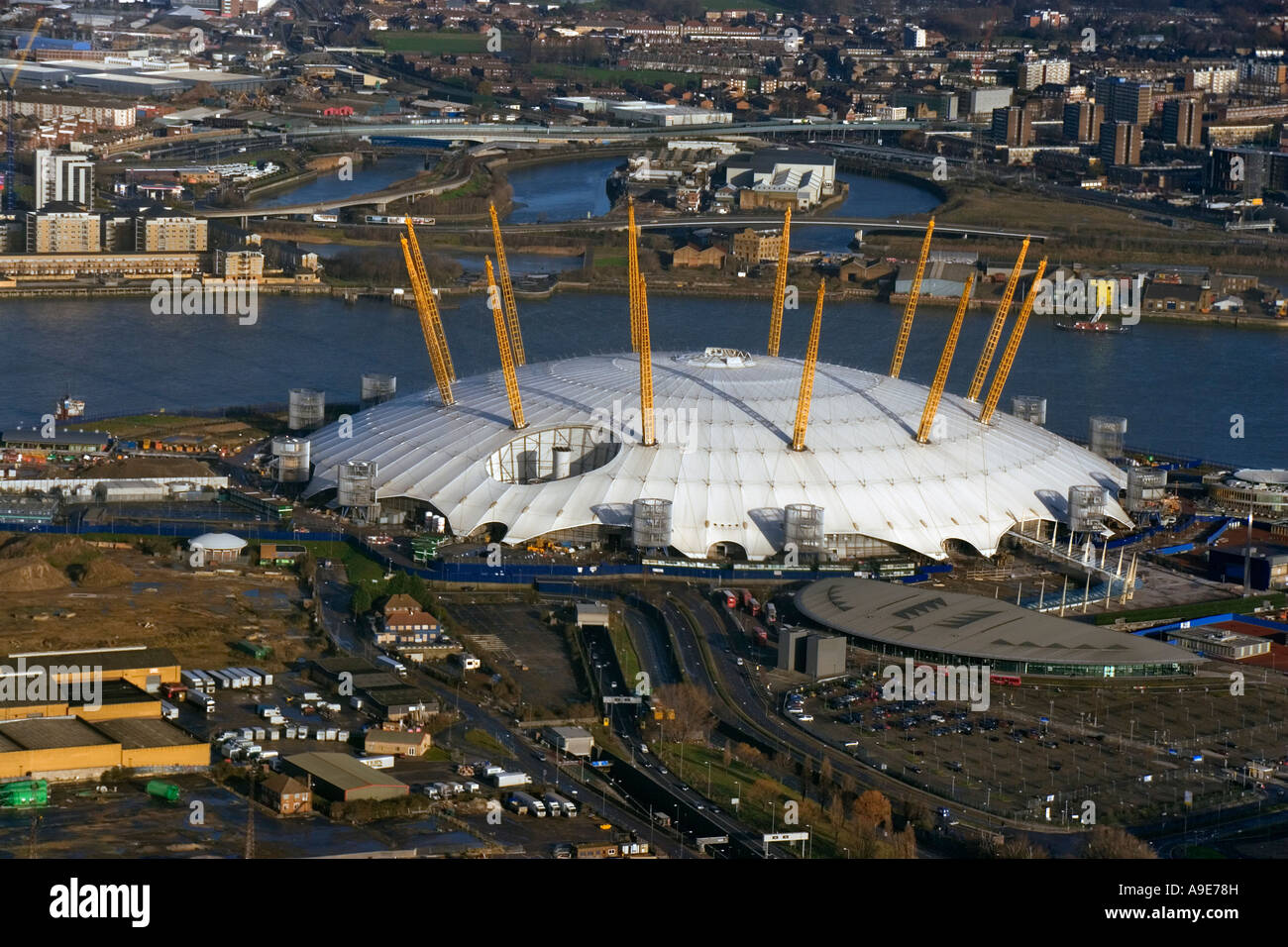 Aerial view of the O2 Dome in London beside the River Thames, formerly ...