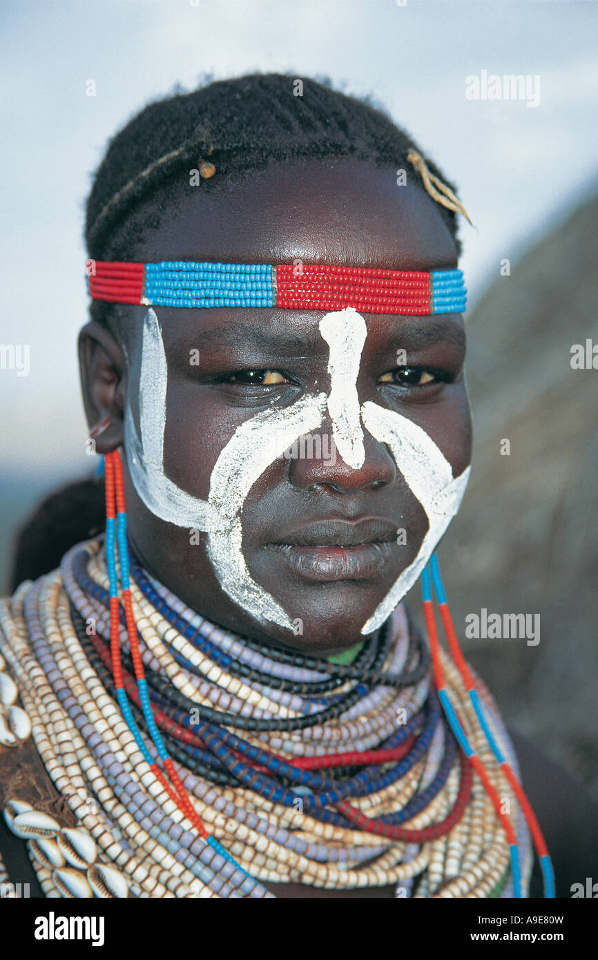Close up of face paint on male Karo dancer Banks of Omo river Murulle ...