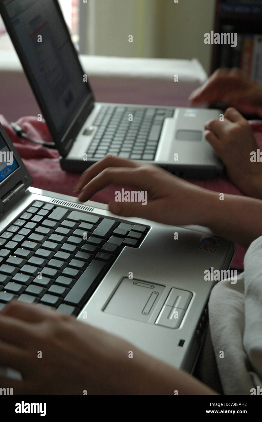 Two friends typing on laptops Stock Photo - Alamy