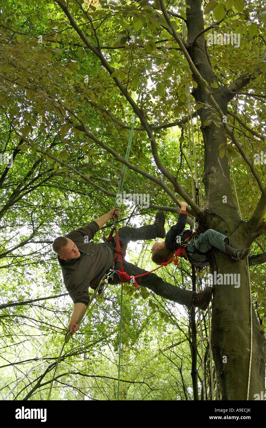 Tree climbing teacher and boy Stock Photo - Alamy