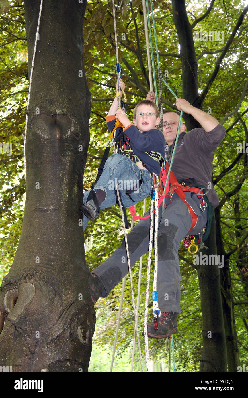 Tree climbing teacher and boy Stock Photo - Alamy