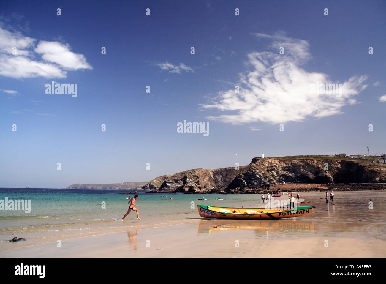 Portreath Surf Life Saving Club boat on the beach, ready to launch for ...