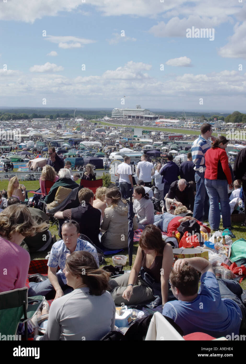 people picnicing on the hill at Tattenham Corner on Derby Day at Epsom ...