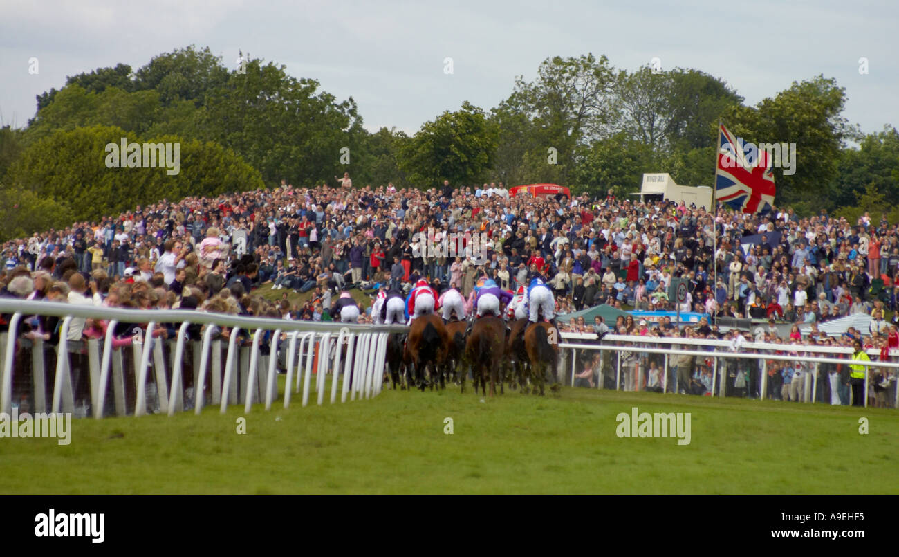 horses in the 2005 Epsom Derby with crowd on hill at Tattenham Corner ...