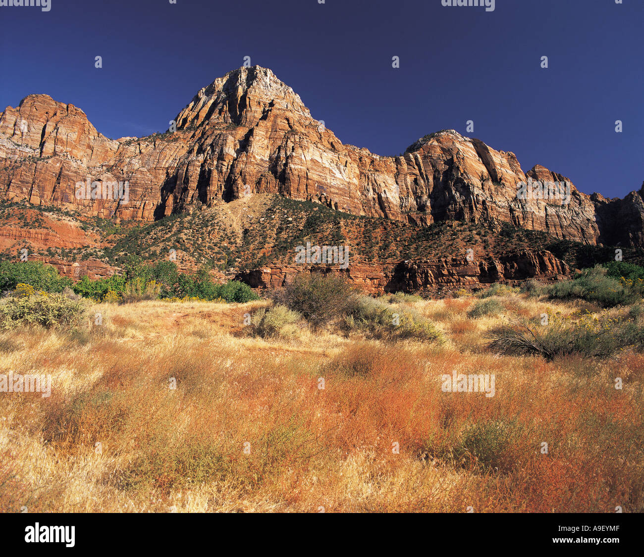 Rock peaks at the entrance to Zion Canyon with red rock faces and blue ...