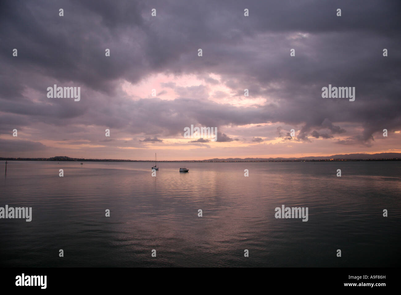Sunset over Waitemata Harbour, Auckland in the North Island, New ...