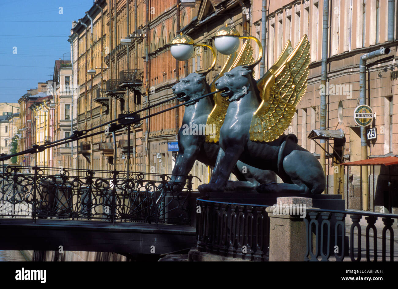 Russia St Petersburg the Bankovsky Bridge with the gilded griffons ...