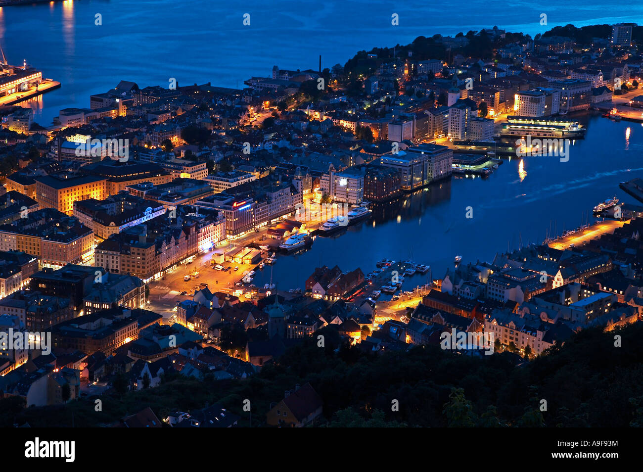 Bergen at dusk from Floyen Mountain Viewing Platform Norway Scandinavia ...