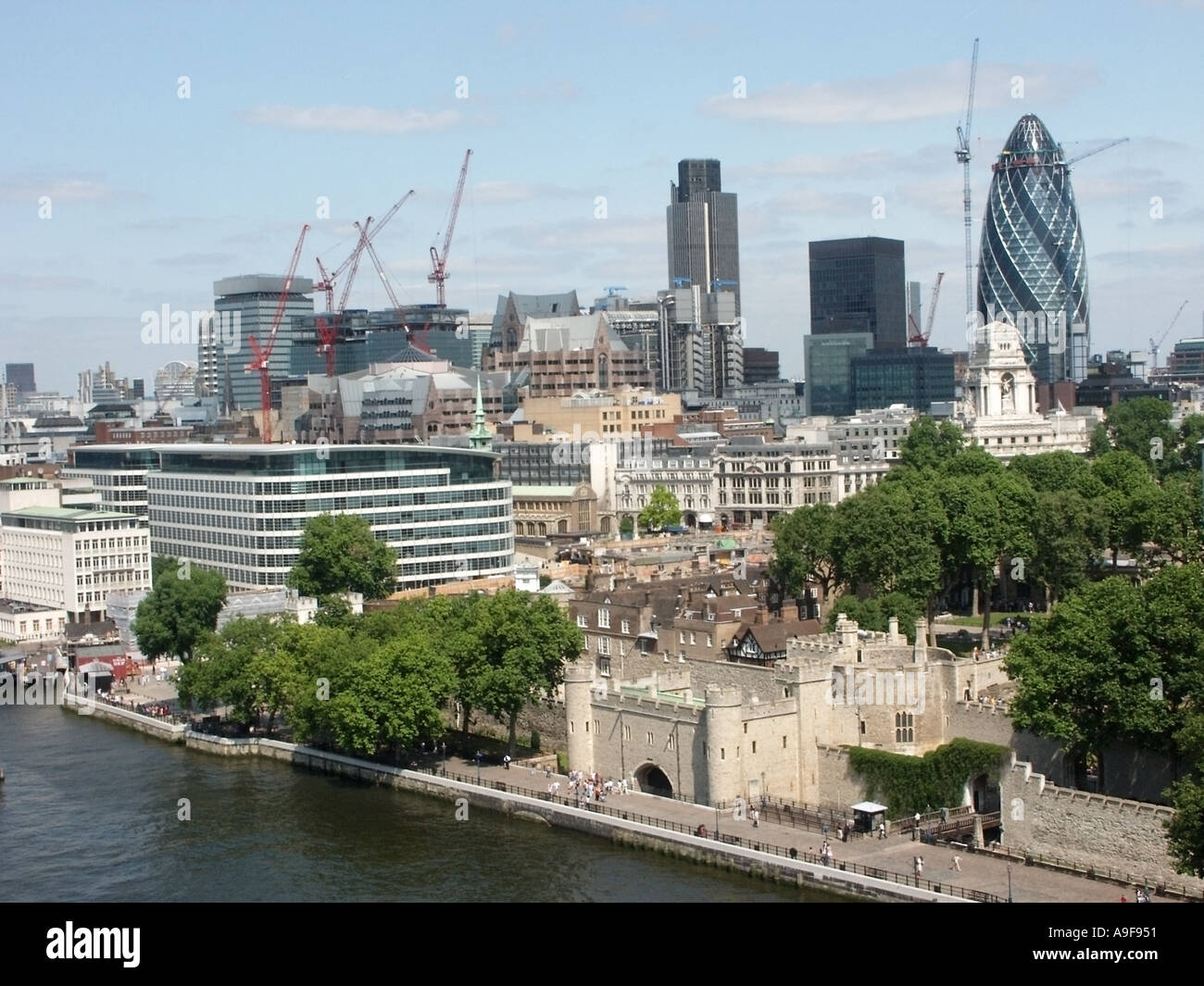 Aerial view looking down on part of historic Tower of London & City of ...