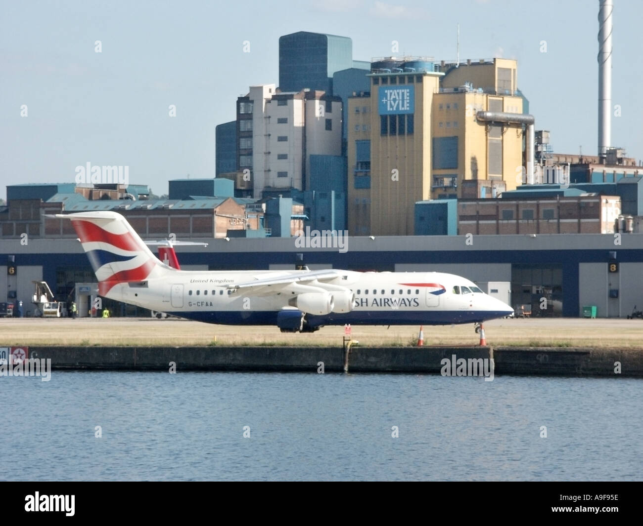 London City Airport British Airways four engine passenger jet aircraft ...
