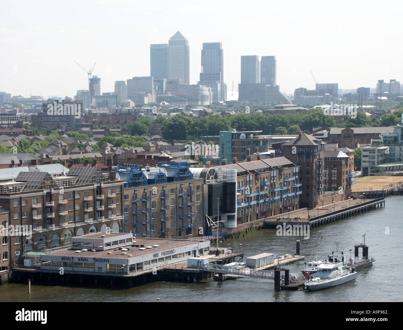 Aerial view looking down on River Thames & Tower Hamlets riverside ...