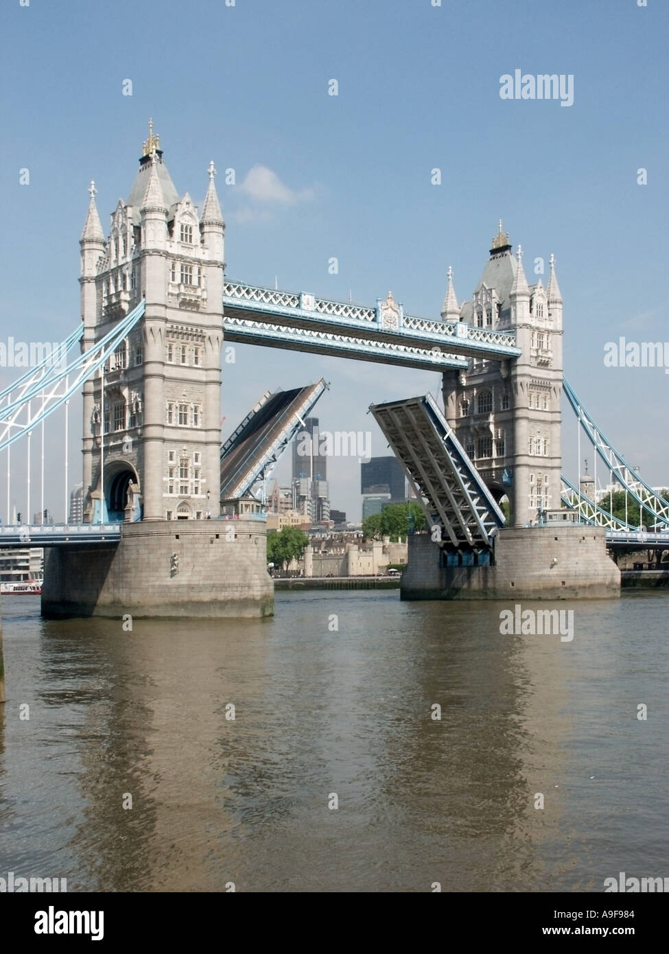 High Tide on River Thames two raised roadway sections of famous Tower ...
