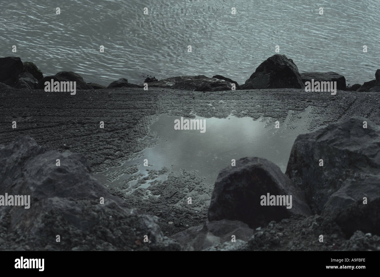 Abstract landscape effect created from sidewalk with puddle by bay ...