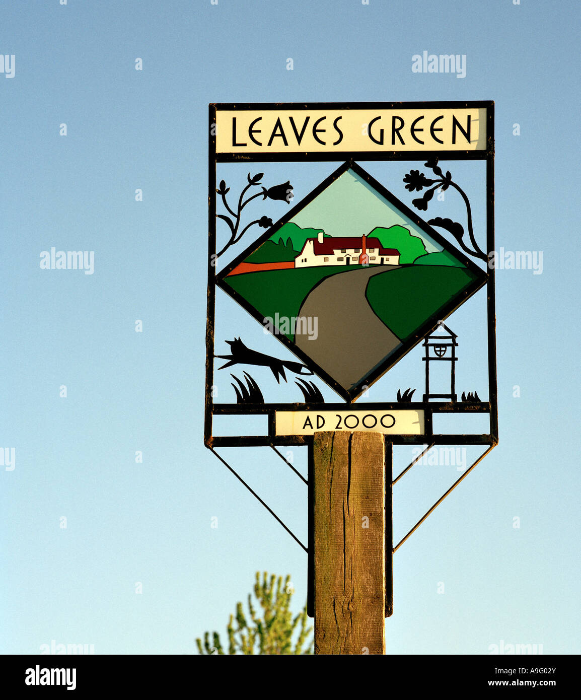 Leaves Green village sign, Bromley, Kent, England, UK Stock Photo - Alamy
