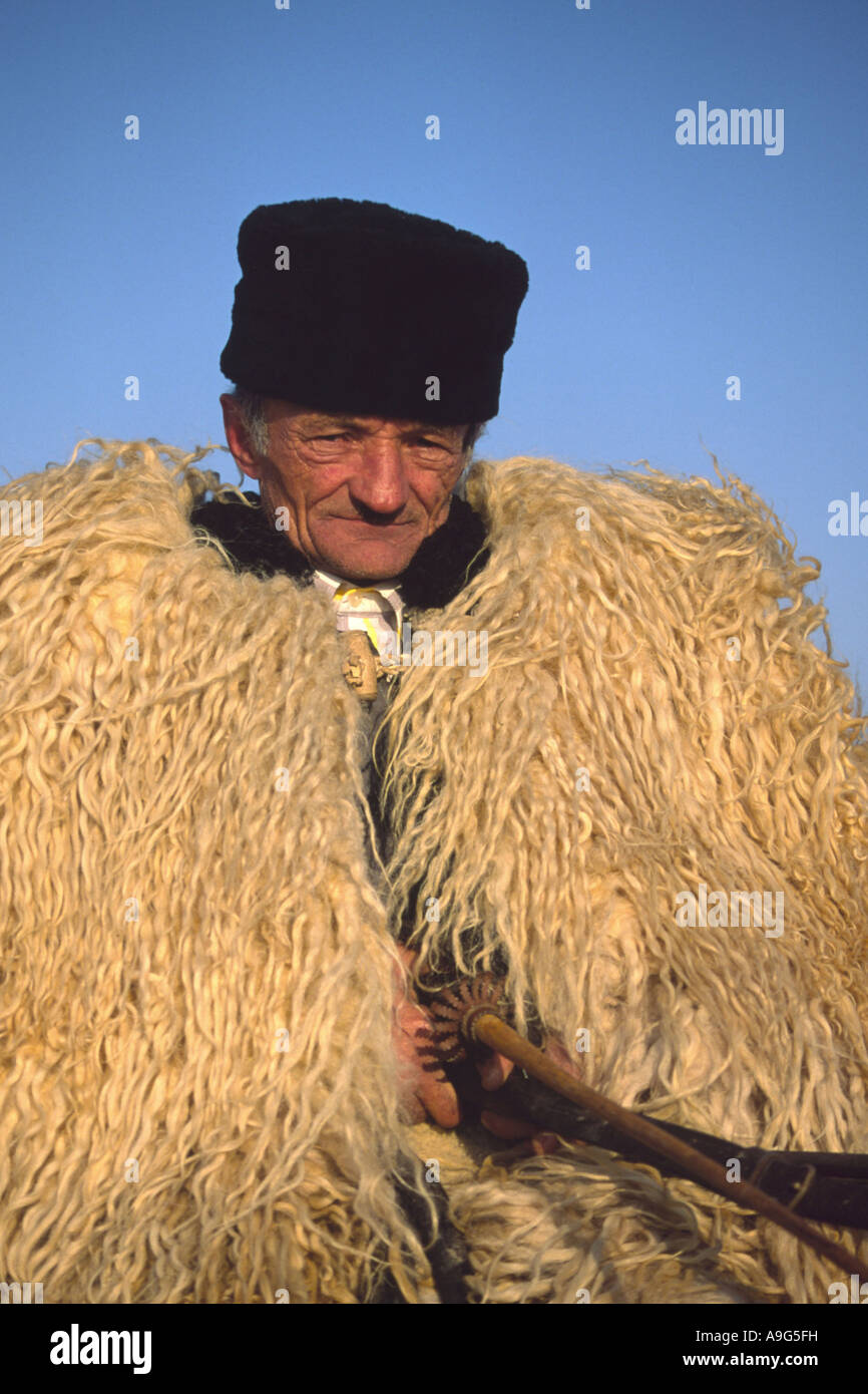 hungarian sheepherder with traditional sheep fur, Hungary, Hortobagy ...