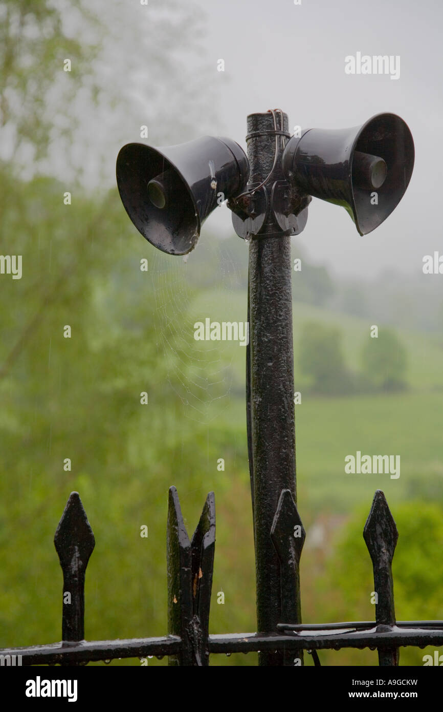 Platform PA system, very wet day Stock Photo - Alamy