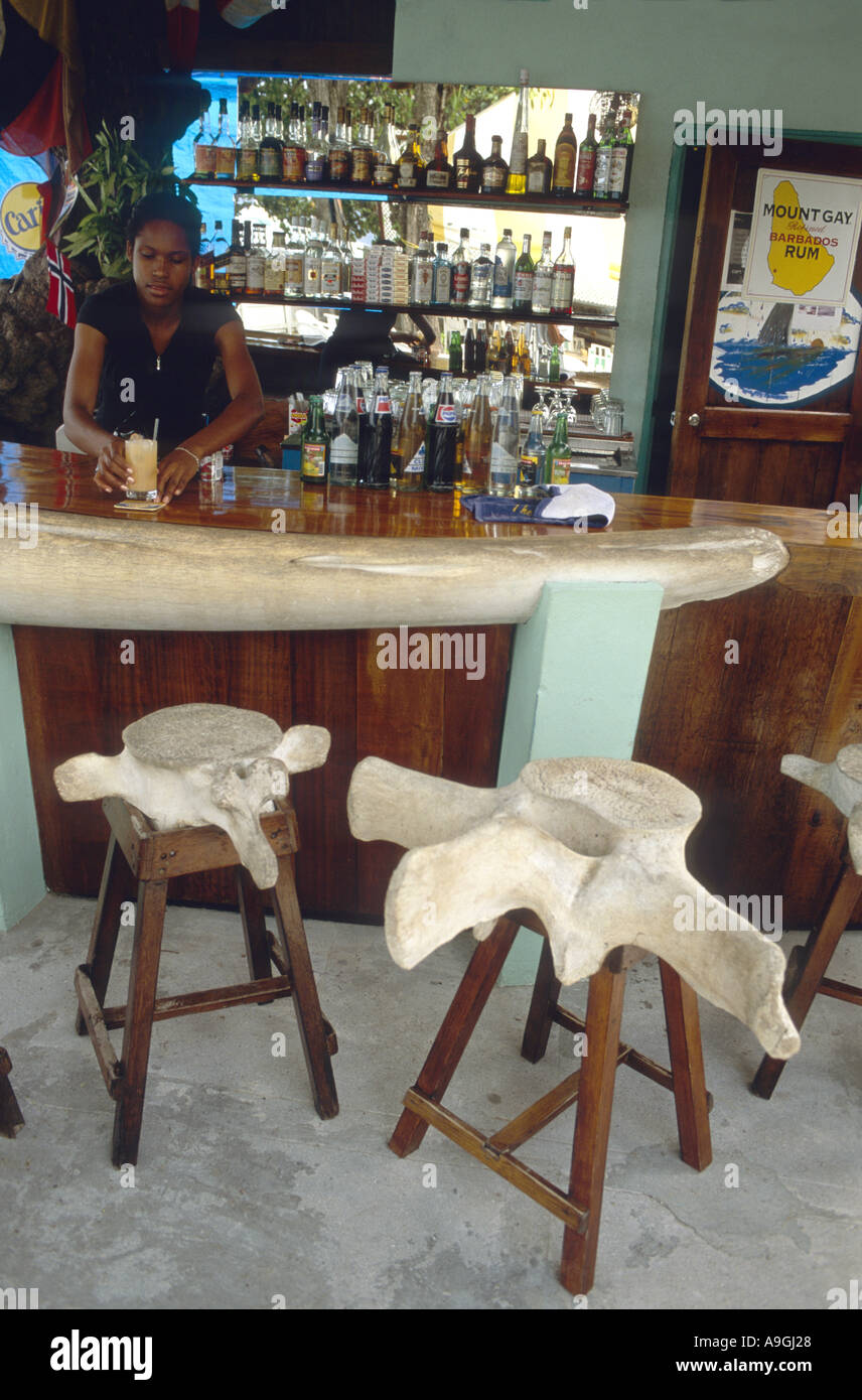 bar stools with vertebrae of whales in a bar of Becquia Island, Saint ...