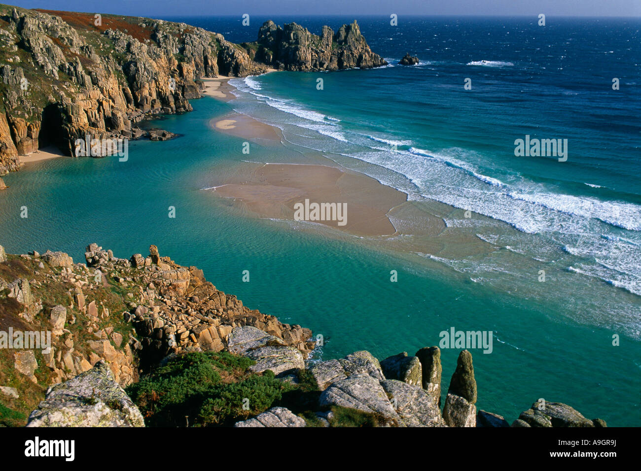 the Logan Rock Porthcurno nr Lands End Cornwall England UK Stock Photo ...