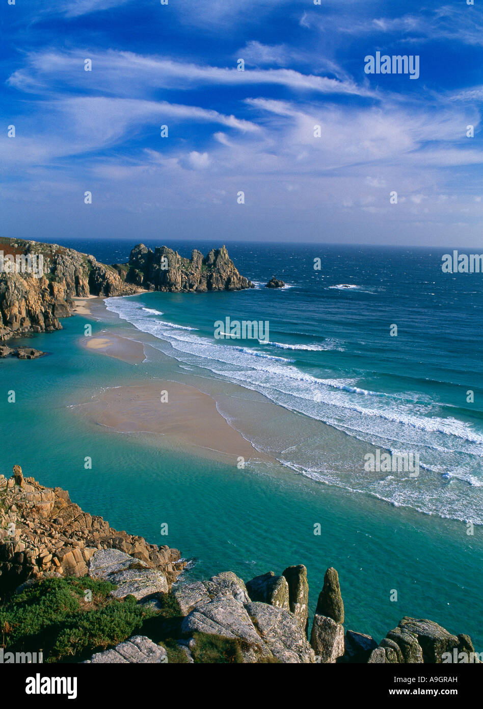 the Logan Rock at Porthcurno nr Lands End Cornwall England UK Stock ...