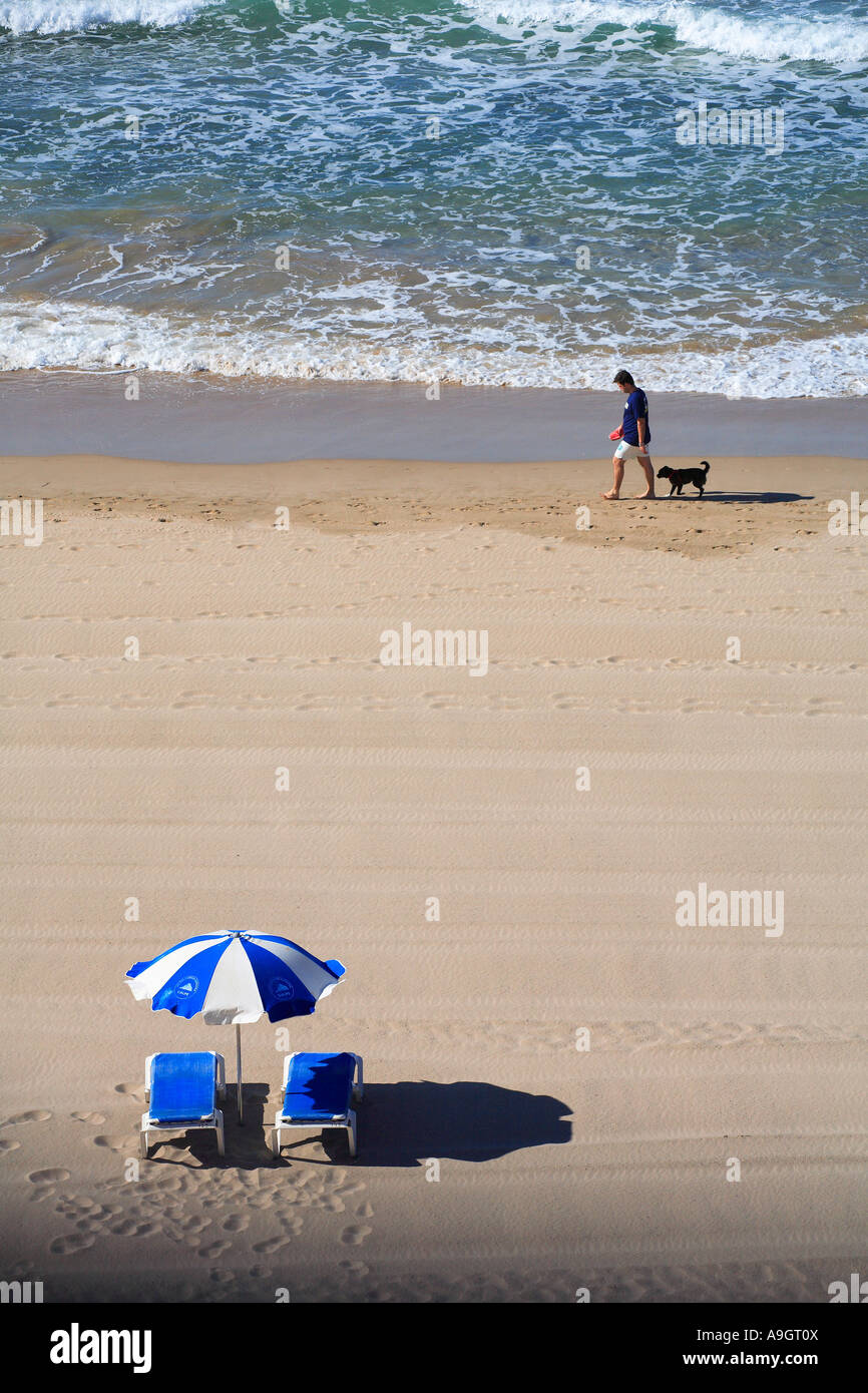 Man walking the dog on the beach Calpe Costa Blanca Spain Stock Photo ...