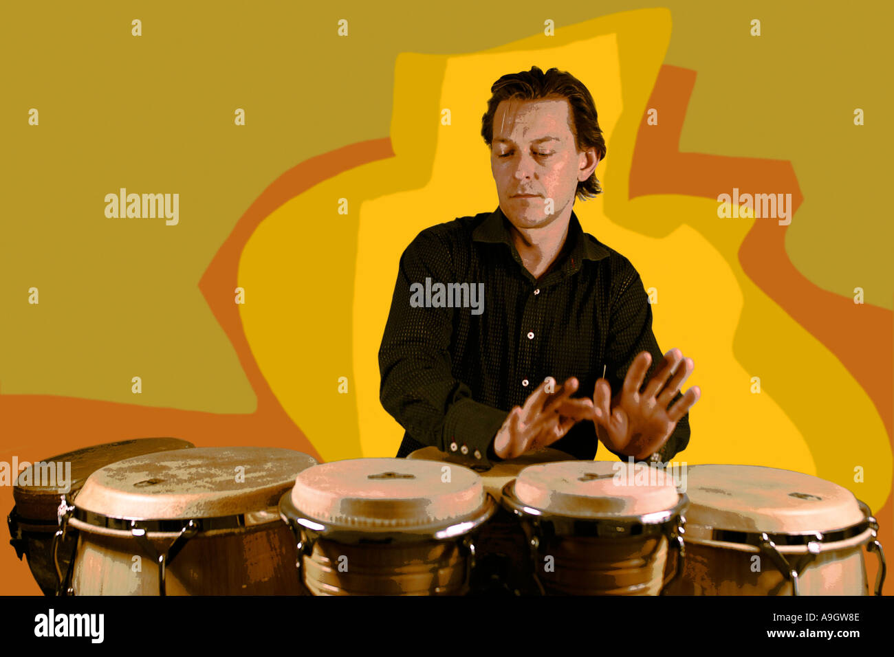 percussionist and drummer playing with drums with patterns and shapes ...