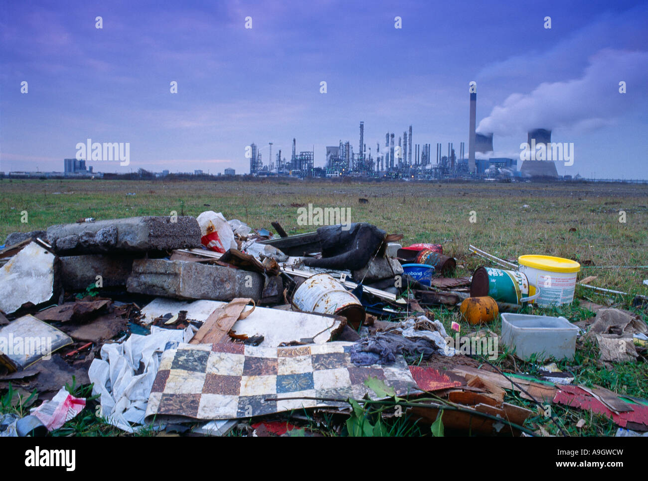 refuse strewn on waste ground by a chemical plant Port Talbot South ...