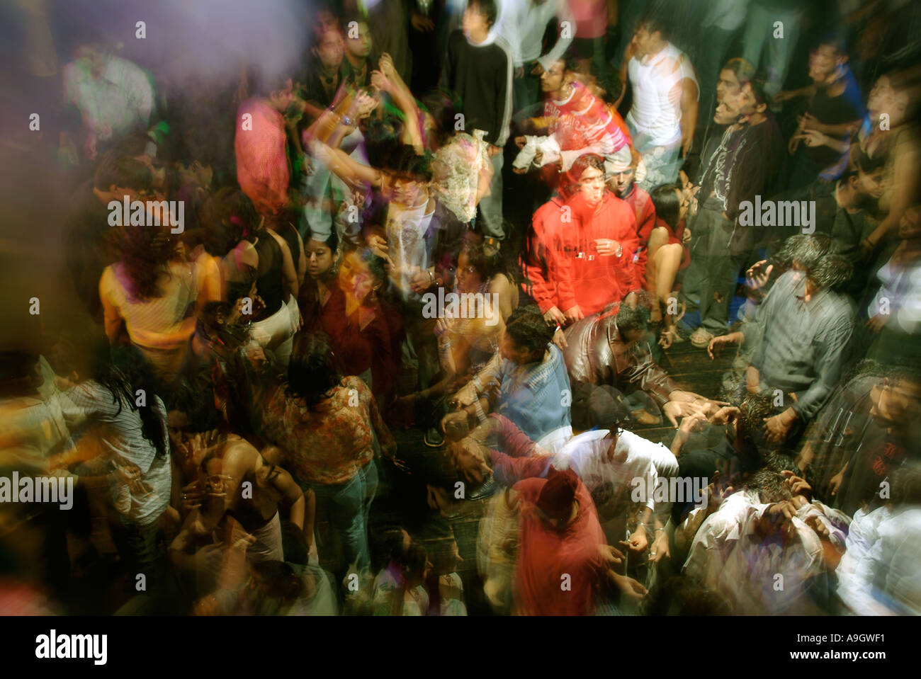 long exposure shot looking down onto a crowd of dancers at elevate ...
