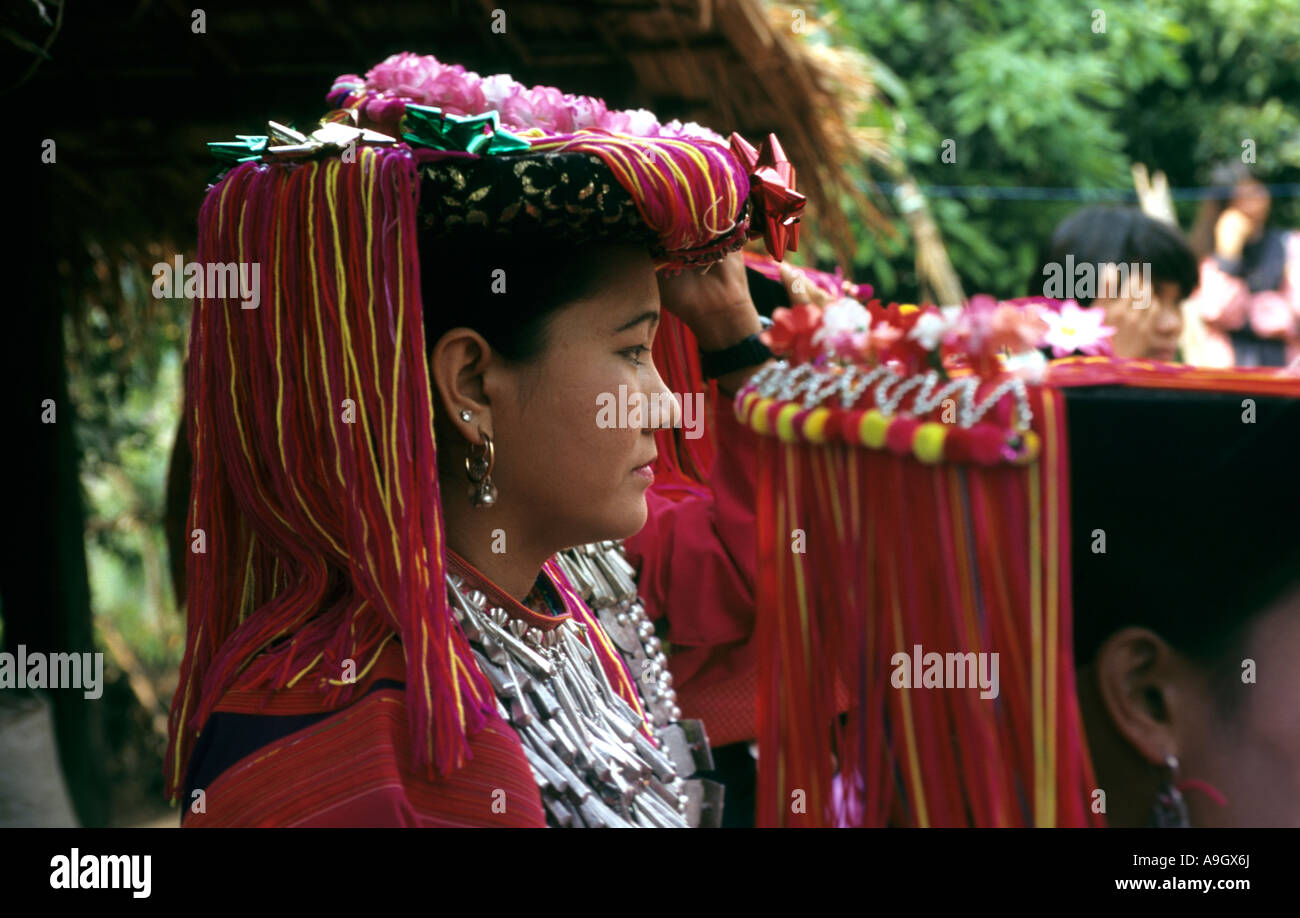 Lisu hiiltribe girl Chiang Rai, Thailand wearing new year headdress ...