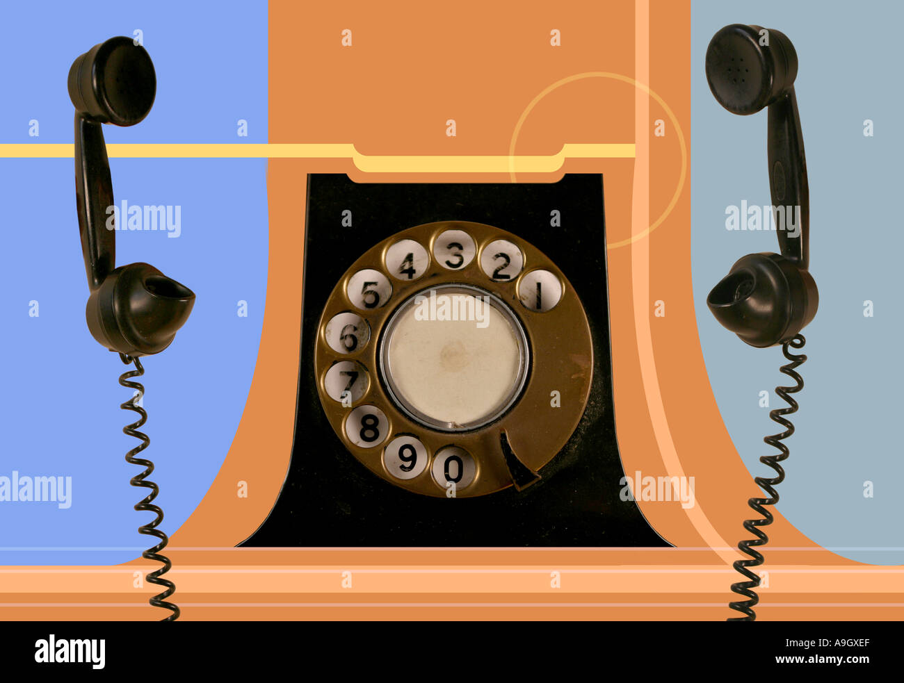 an old retro style telephone with two receivers dancing either side to ...