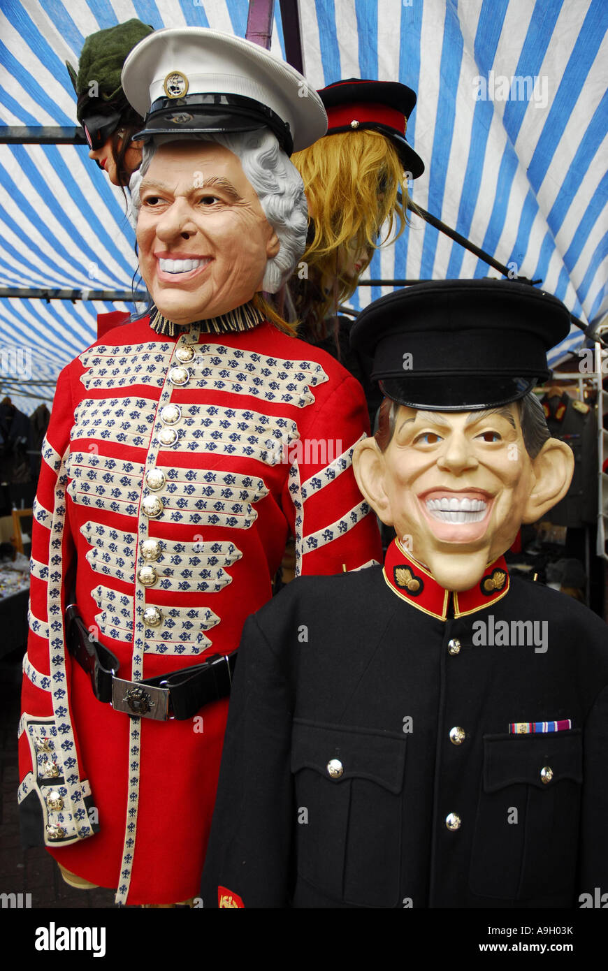 Market mannequins with masks of Her Majesty the Queen and Prince ...