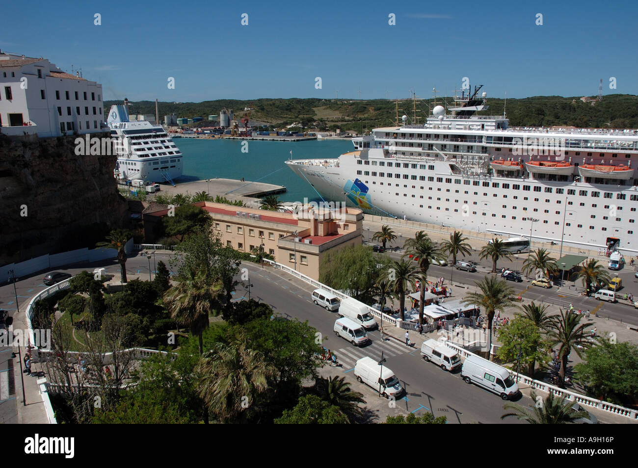 Cruise ships Island Star and Regatta in Mahon harbour Stock Photo - Alamy