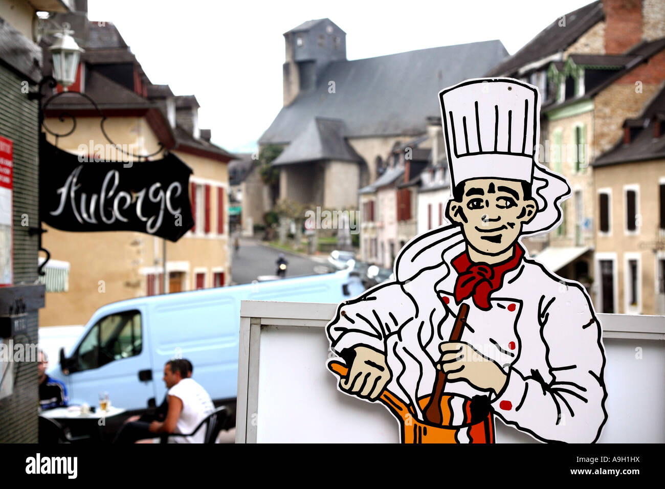 Sign outside restaurant in small town in French region of Bearn 2007 ...
