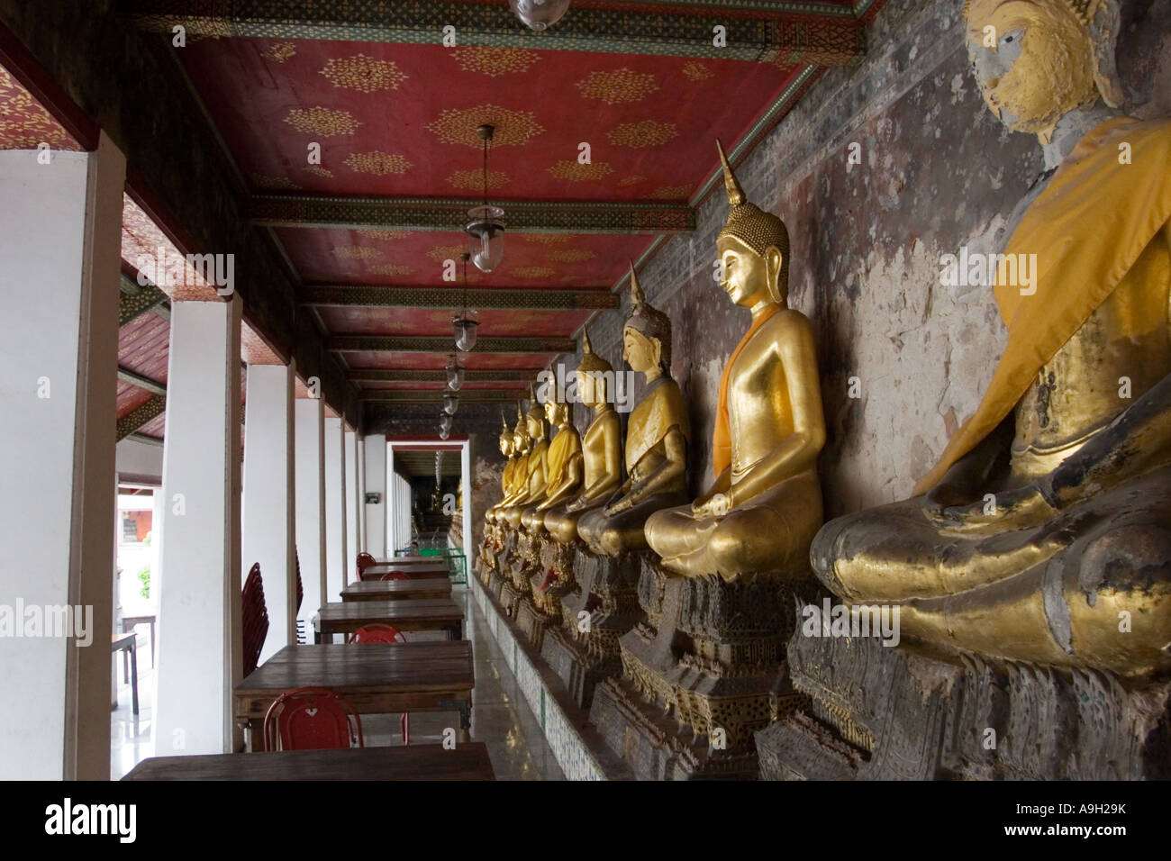 Golden Buddha statues in a line at a Thai temple Stock Photo - Alamy