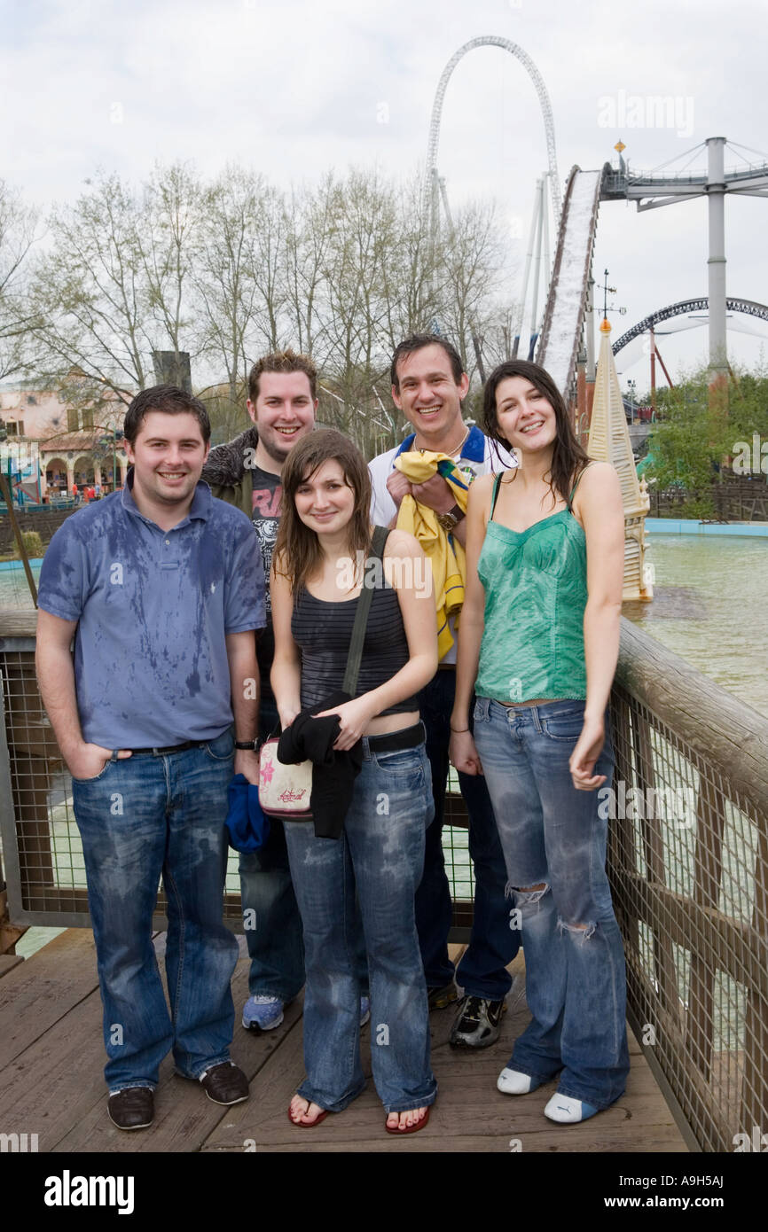 A group of wet people posing after riding the Tidal Wave at Thorpe Park ...