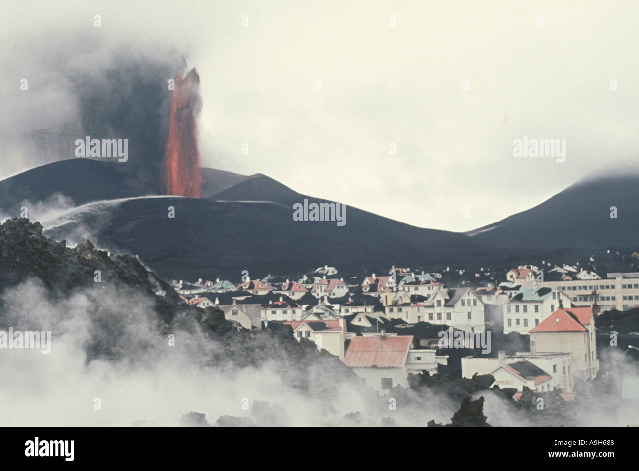 Volcanoes Iceland Heimey Erupting spout of red hot lava smoke ash ...