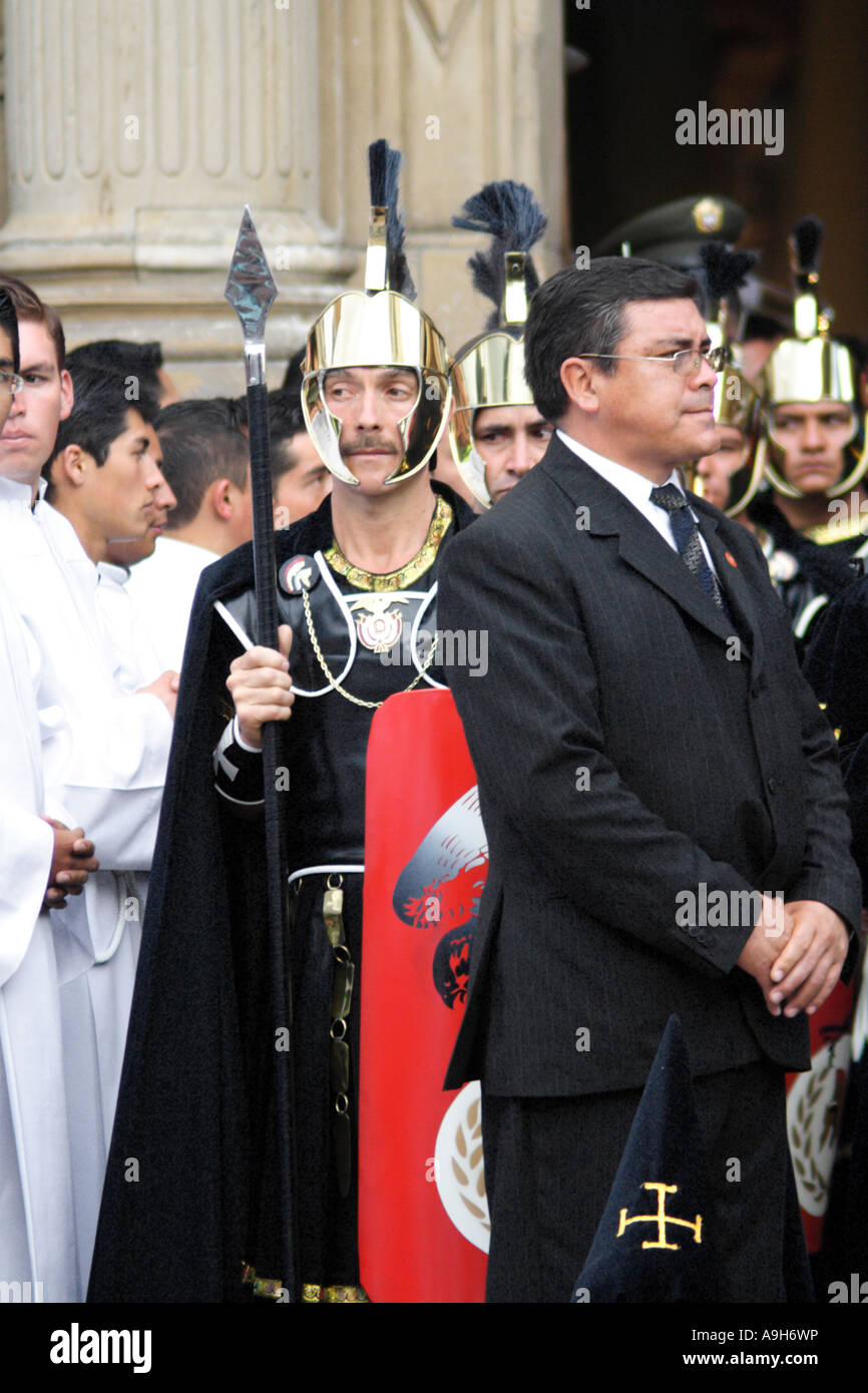 man in a roman soldier costume in a catholic procession, Tunja, Boyacá ...