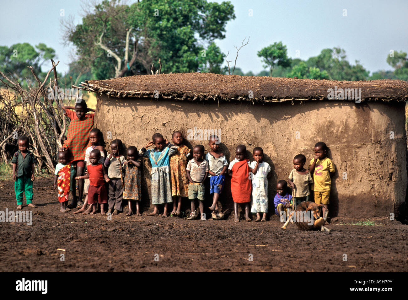 A group of Masai children in their village (called a manyatta) in the ...