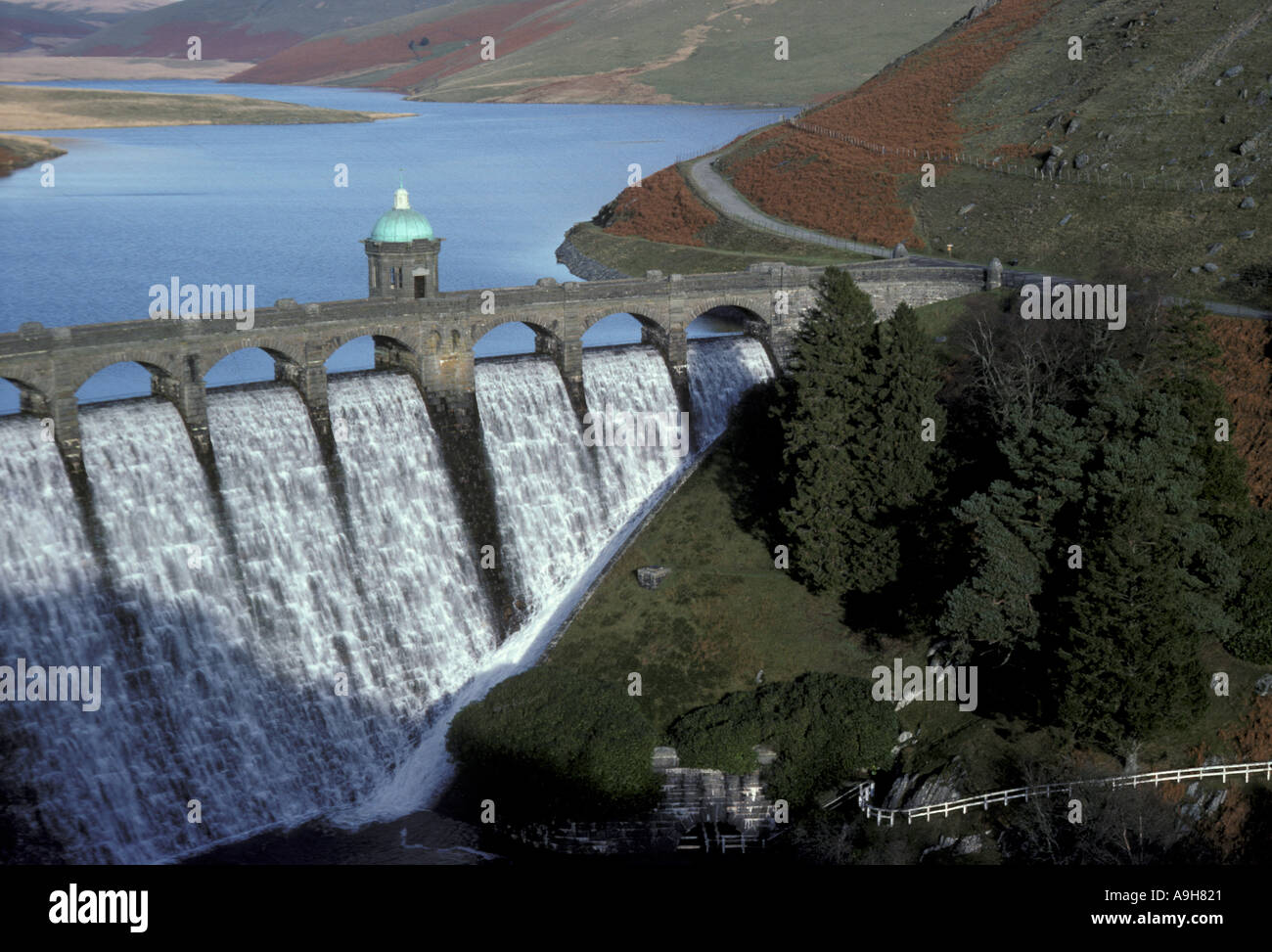 Reservoirs Dams Looking down on over flow at reservoir Elan Valley Mid ...