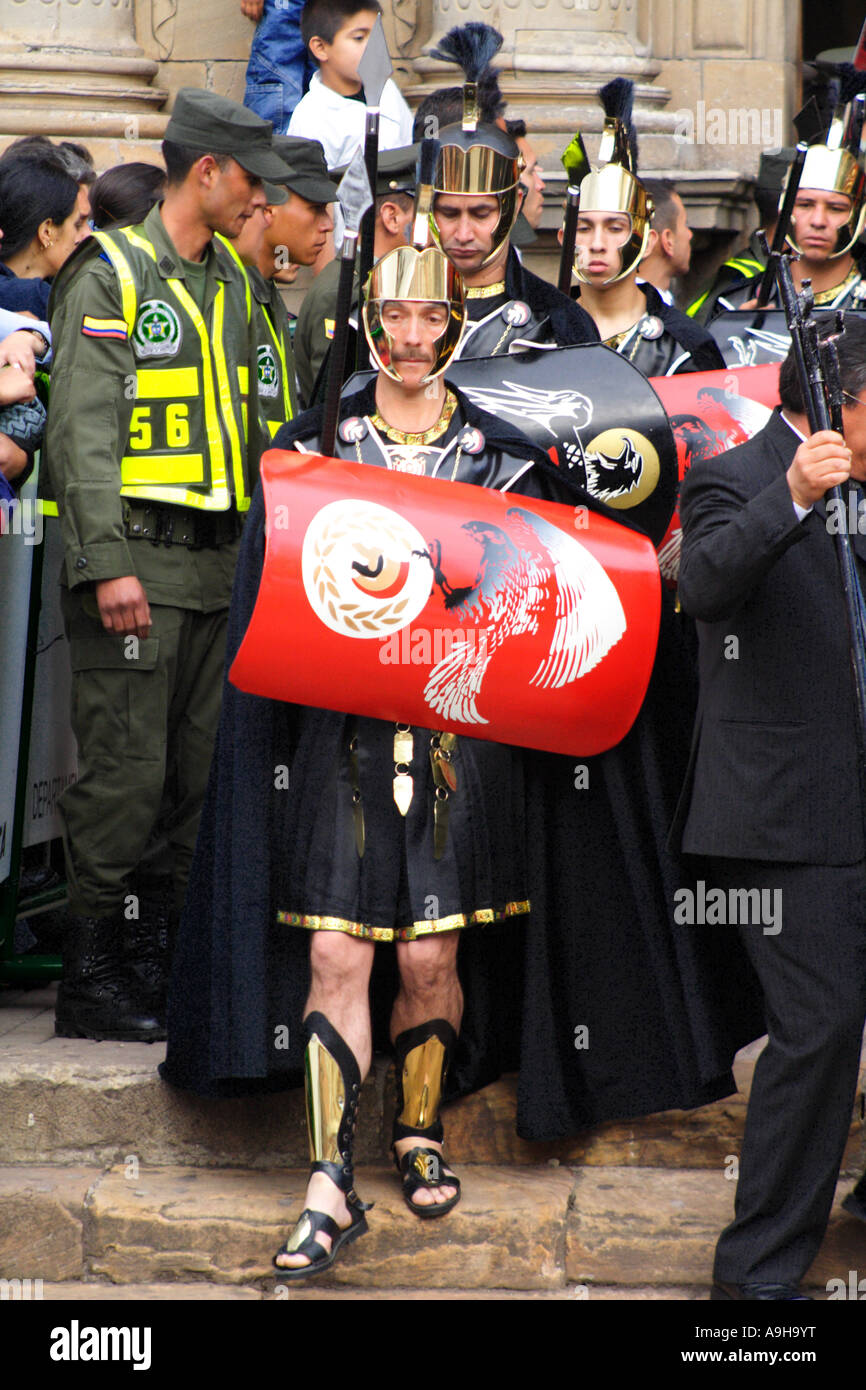 man in a roman soldier costume in a catholic procession, Tunja, Boyacá ...