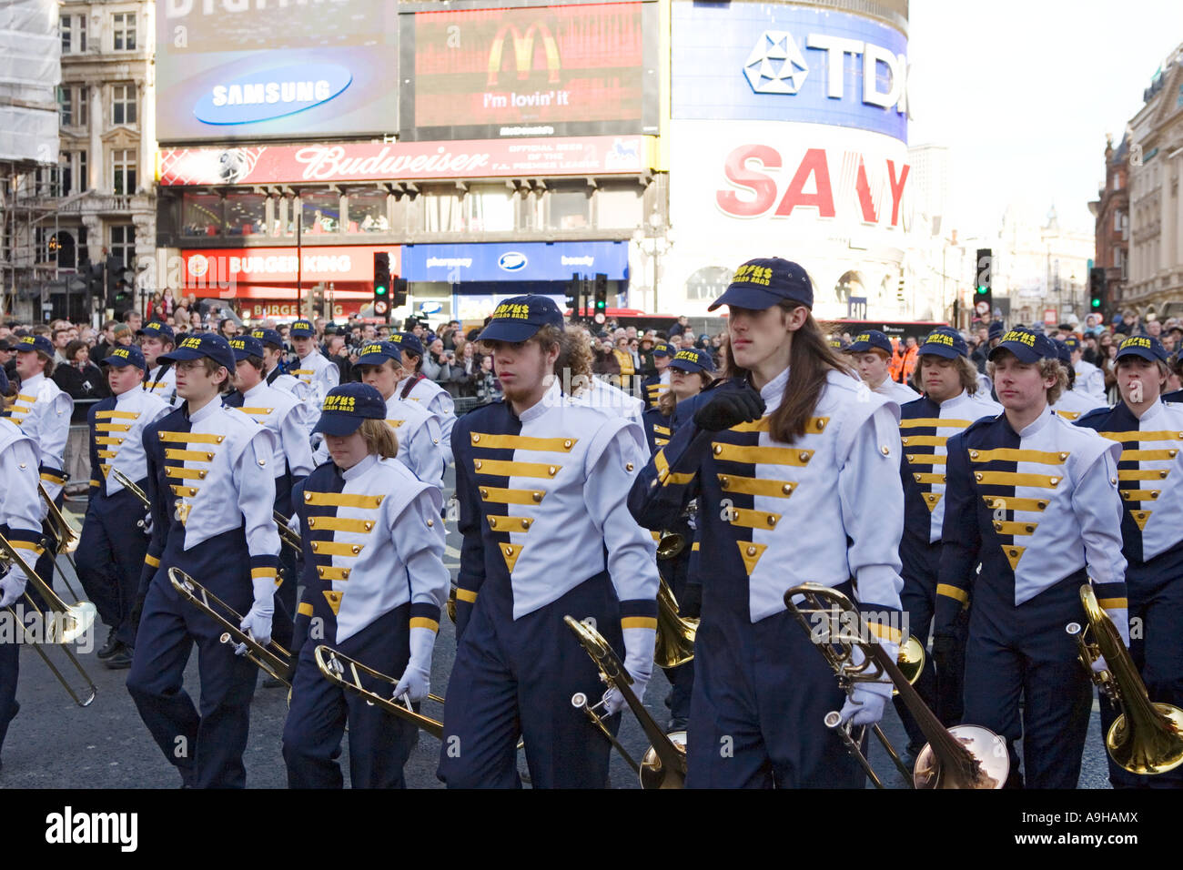 An American High School Marching Band performing at the London New Year ...